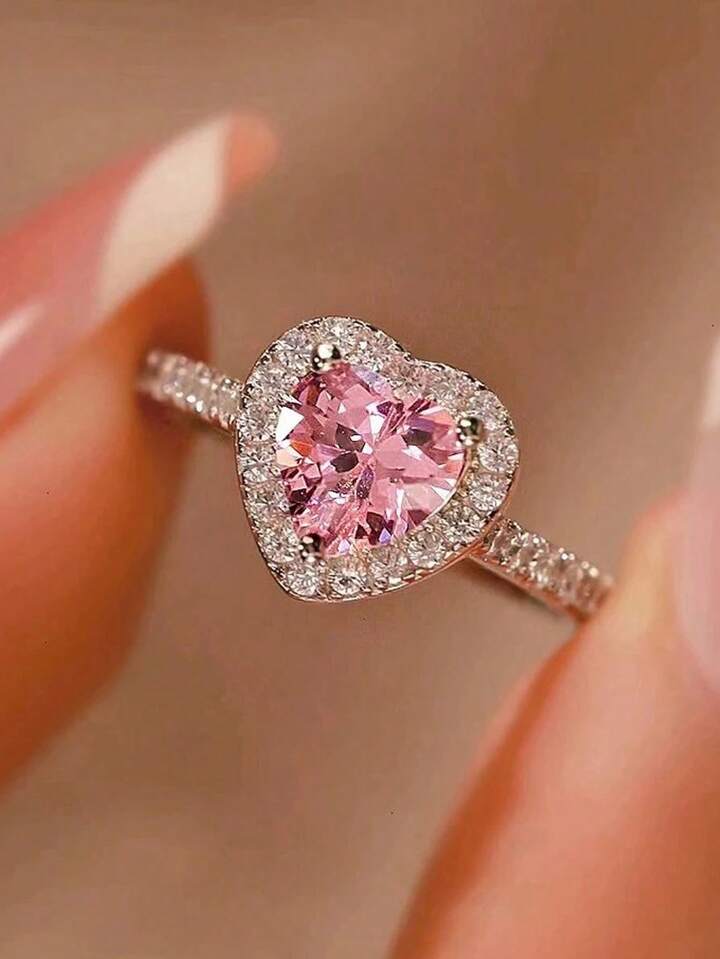 1pc Shiny Pink Heart Shaped Cubic Zirconia Ring Women Engagement Wedding Promise Everyday Ring Valentines SHEIN USA