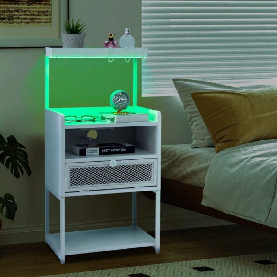 FCH White Wood Steel 1 Drawer Shelf LED Light Strips Nightstand With ...