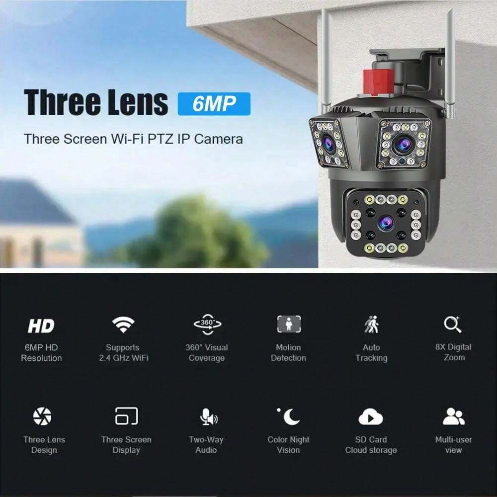 Câmera PTZ WIFI de três lentes e três telas de 6 MP 4K Rastreamento ...