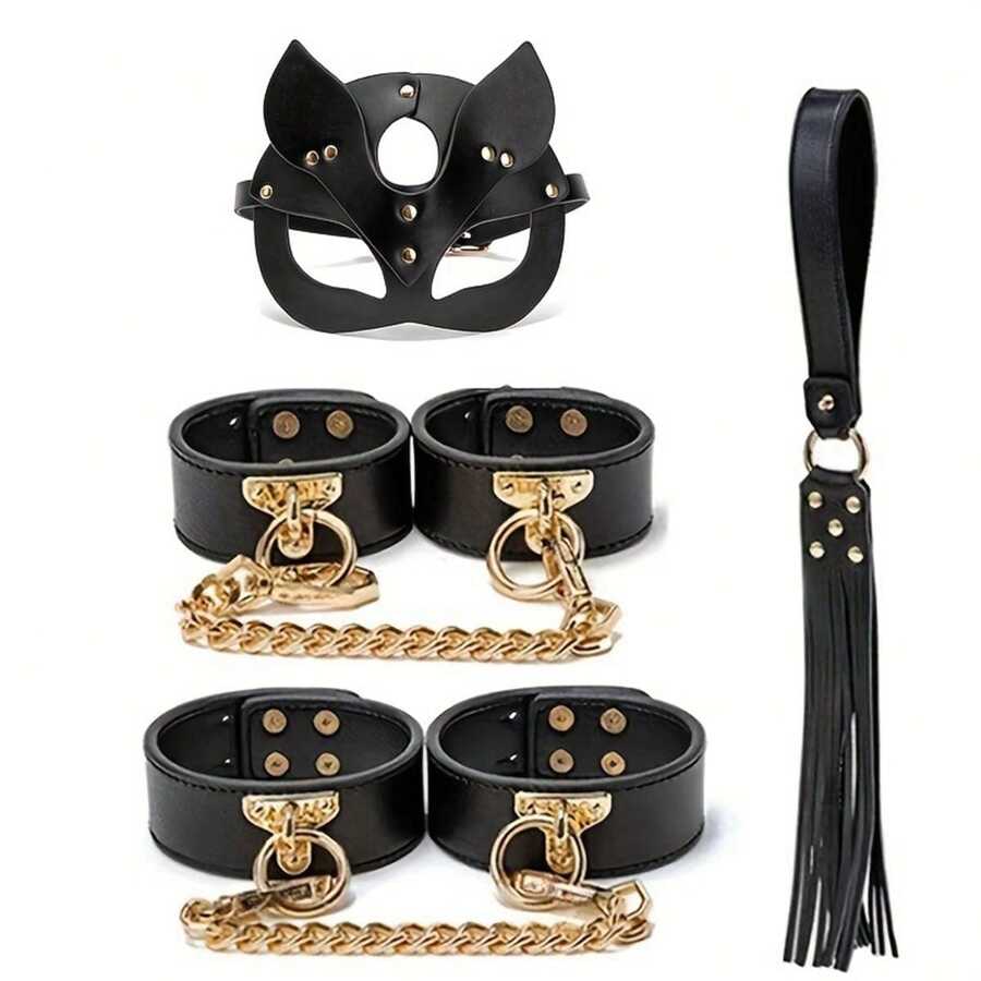 Sexy PU Leather Metal Chain Four-Piece Set, Masks And Handcuffs And ...