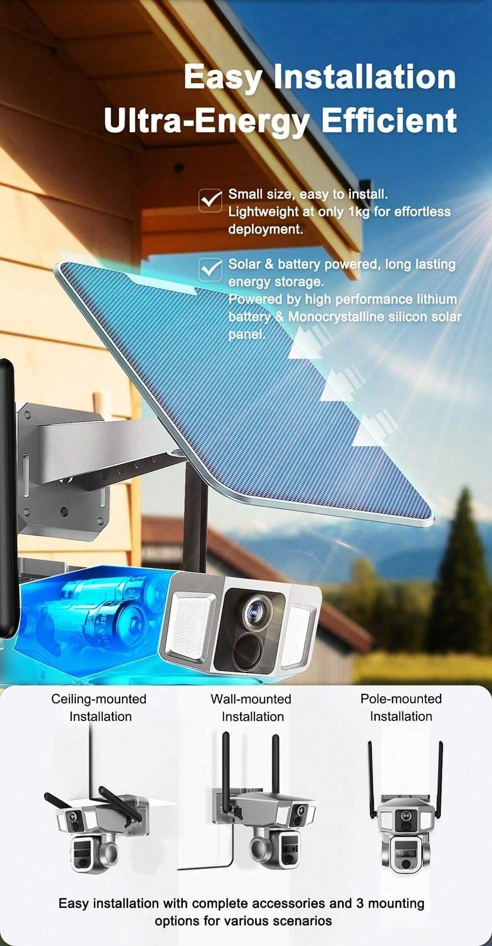 12MP Wireless 10X Zoom Solar Camera 4K WiFi Three Lens 9W Solar Panel ...
