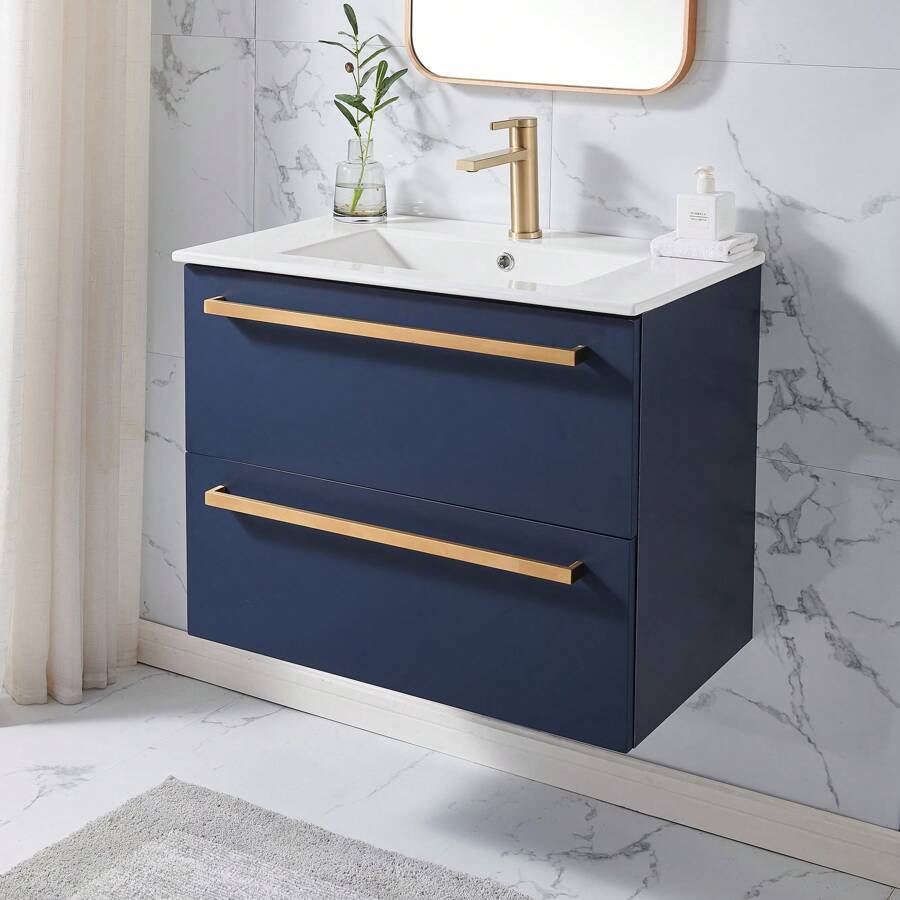 KINGO 30 Inch Blue Wall-Mounted Bathroom Vanity And Sink Combo, Bathroom Cabinet With 2 Drawers ...