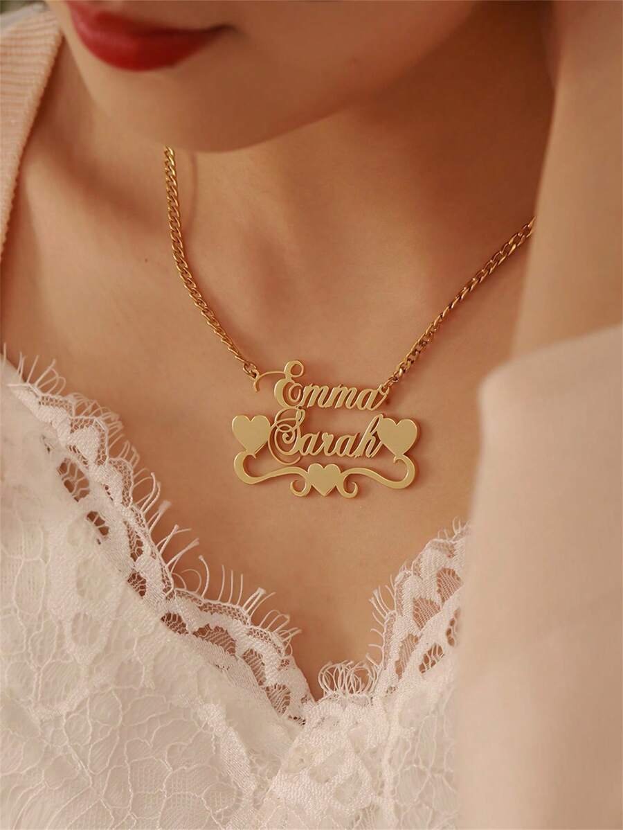1pc Minimalist Double Name Necklace With Heart Pendant, Personalized ...