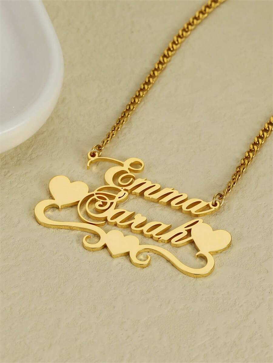 1pc Minimalist Double Name Necklace With Heart Pendant, Personalized ...