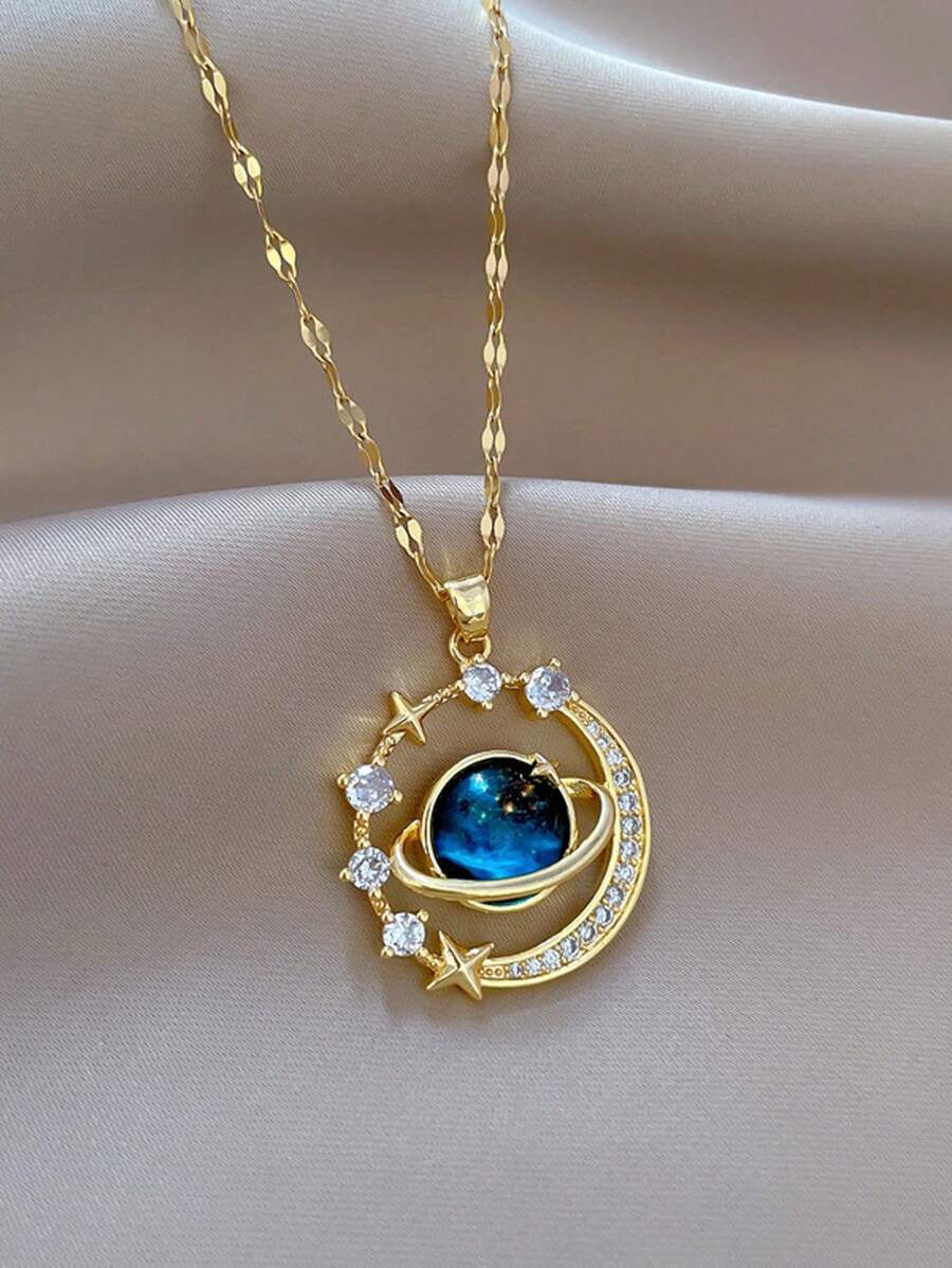 1pc Luxury Rhinestone Starry Sky & Planet Pendant Necklace, Elegant ...