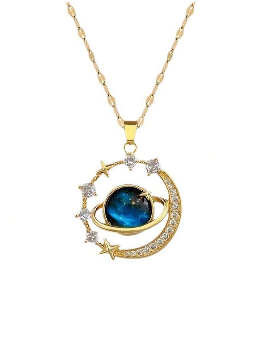 1pc Luxury Rhinestone Starry Sky & Planet Pendant Necklace, Elegant ...