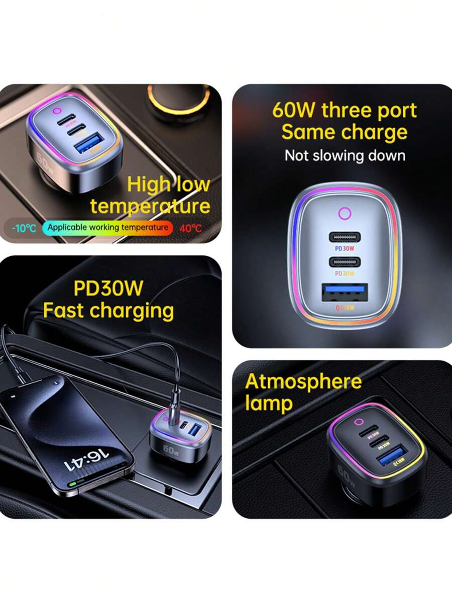 Fast Charging Car Charger PD30W+PD30W+QC18W,60W High-PowerThree Port Fast Charging,Type-C* 2+USB ...