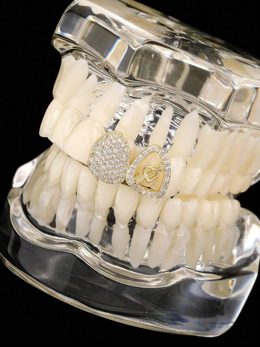 Fashion Hollow CZ Stone Flame Heart Teeth Grillz Hip Hop 14K Gold ...