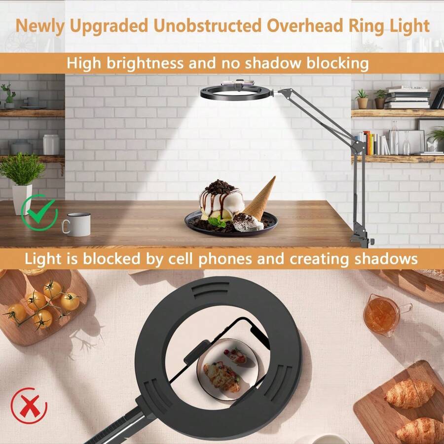 Overhead Phone Mount With Ring Light, 10" LED Ring Light With Stand And ...