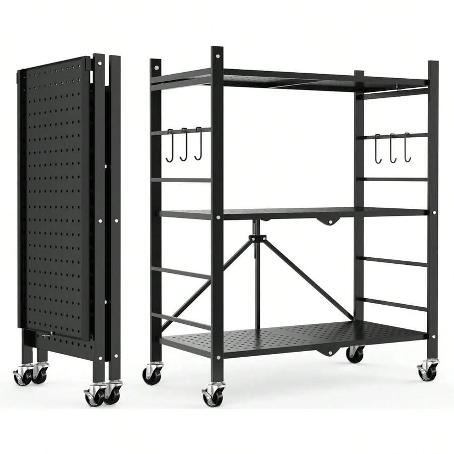 Storage Shelves With 6 Hooks, 3 Tier Foldable Shelf With Wheels, Metal ...