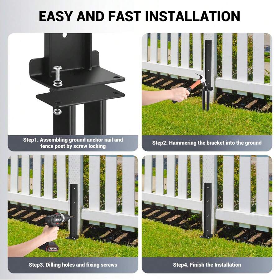 4 Pack Fence Post Anchor Kit, Heavy Duty Steel Fence Post Repair Stakes ...