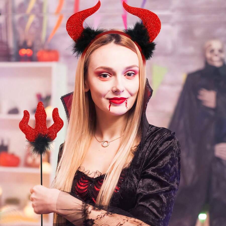2-Piece Devil Costume Set Halloween Set, Red Devil Horn Headband And ...