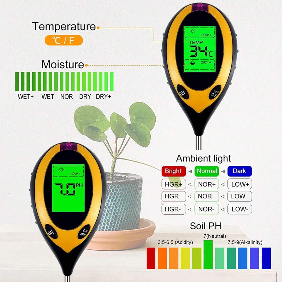 Soil Moisture Meter, 4-In-1 Digital Plant Temperature/Soil Moisture/PH ...