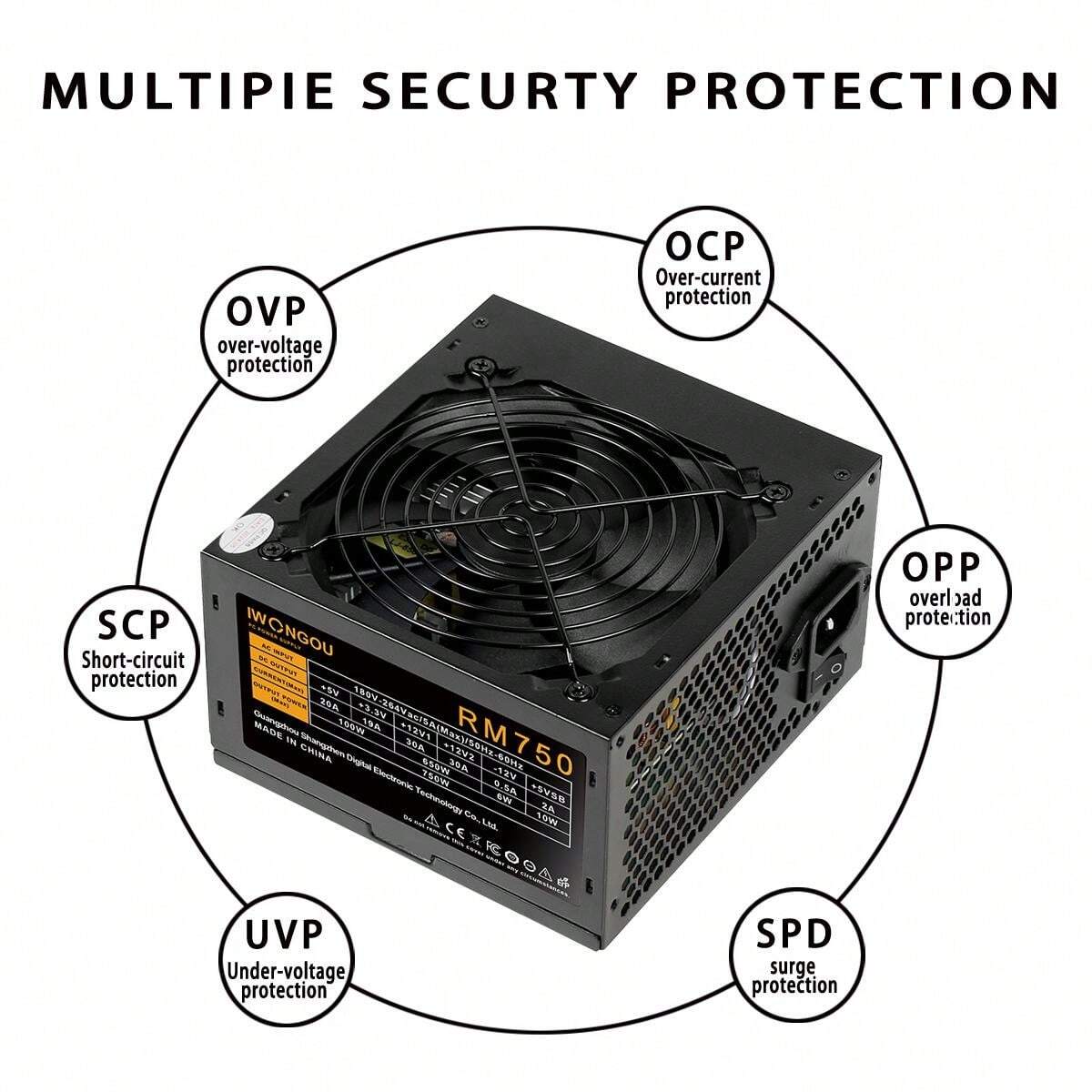 IWONGOU 750W PC PSU Power Supply Unit Black Gaming Quiet 120mm RGB Fan ...