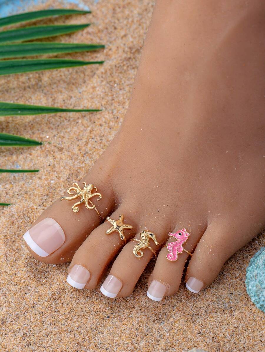 4 Pcs Summer Ocean Sea Beach Style Starfish Hippocampus Octopus Toe ...