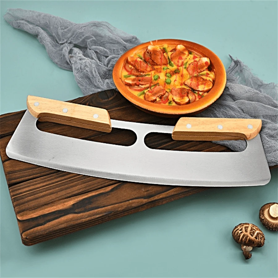Wooden Handle Half Moon Pizza Cutter With Dual Handles, Stainless Steel ...