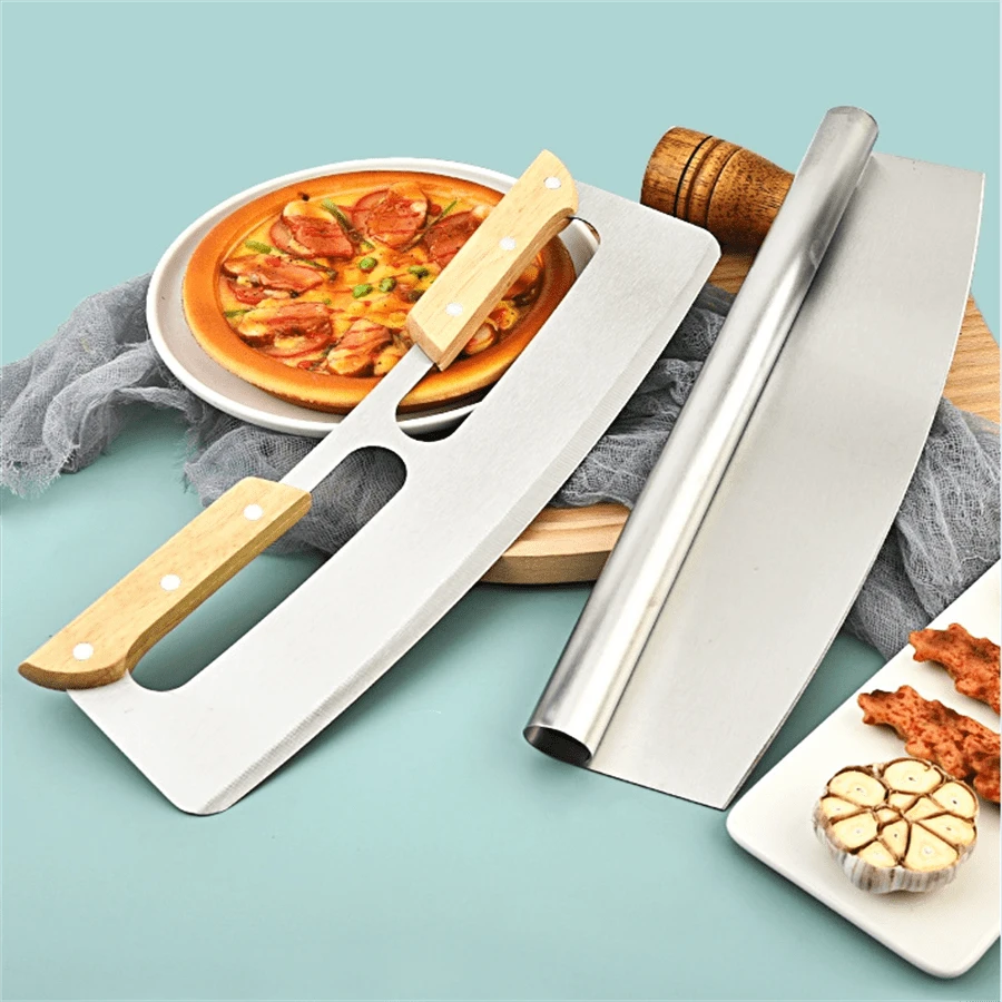 Wooden Handle Half Moon Pizza Cutter With Dual Handles, Stainless Steel ...