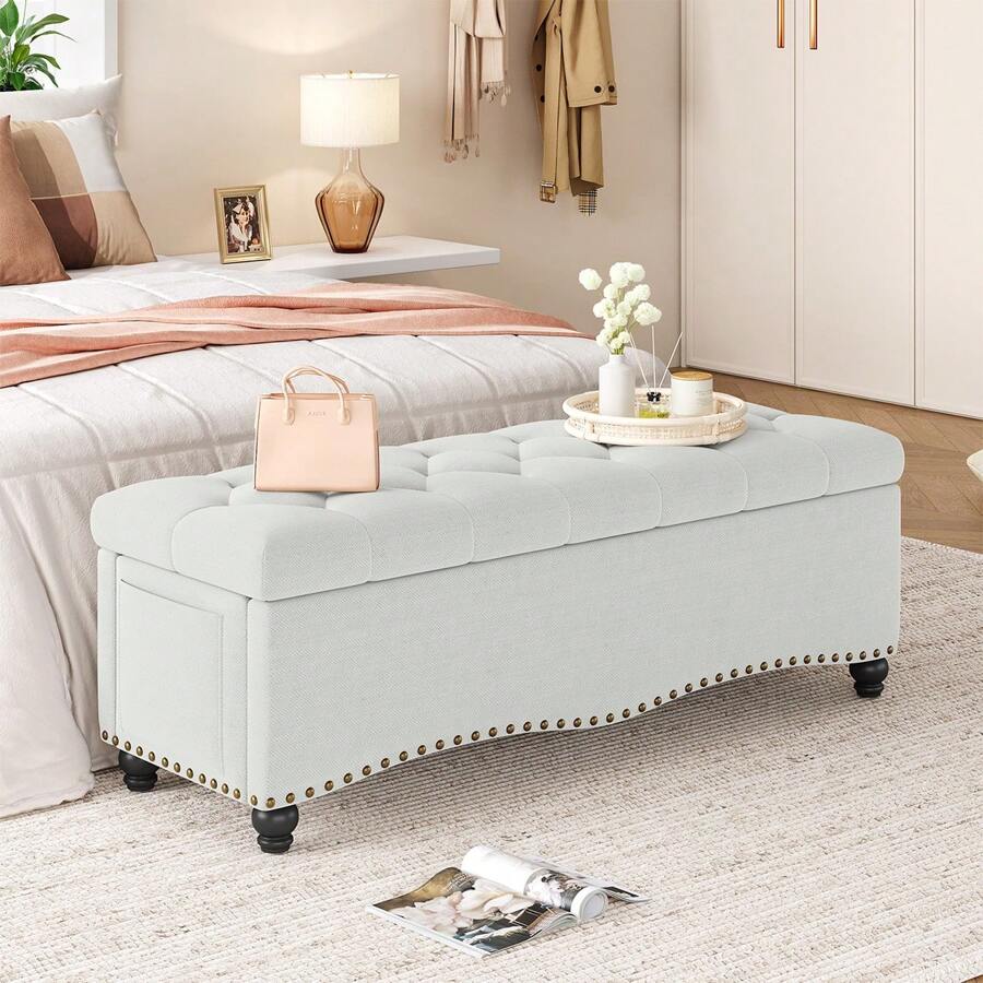 48-Inch Upholstered Linen Fabric Storage Ottoman Bench With Safety ...