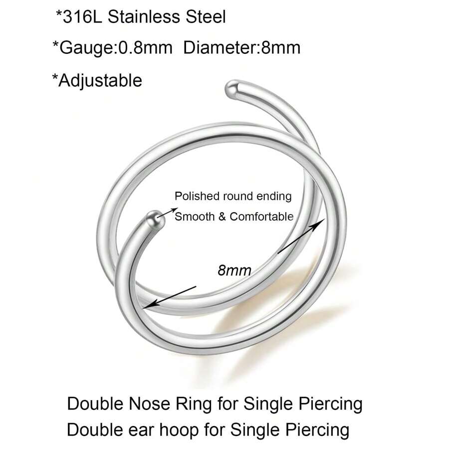 2/5pcs Double Spiral Nose Ring Hoop Hypoallergenic Stainless Steel 20G ...