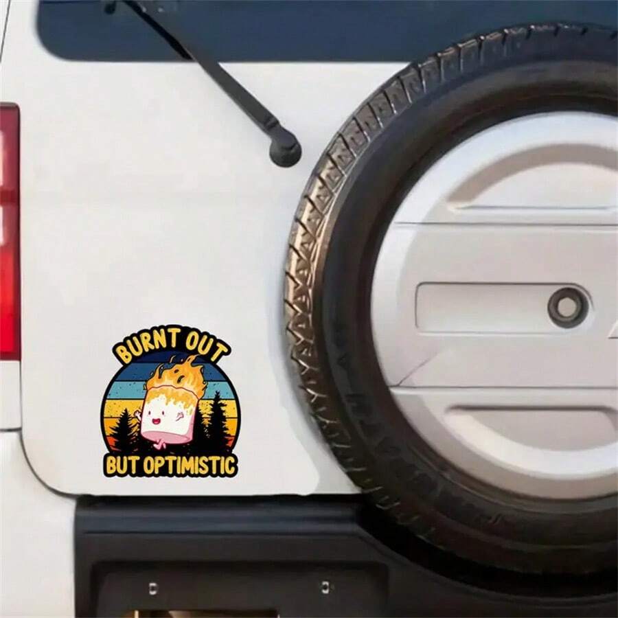 Retro Funny 'Tired But Optimistic' Matte Vinyl Sticker - Waterproof ...