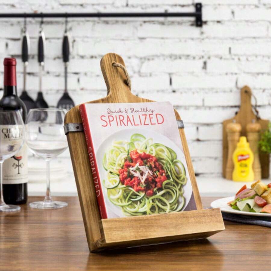 Brown Wood Kitchen Cookbook Stand With Cutting Board Design And Metal ...