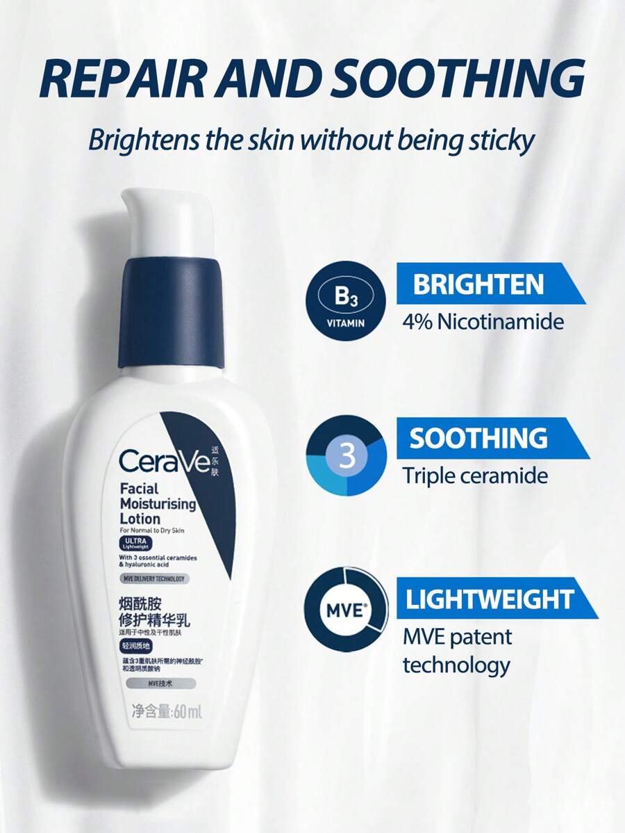 CeraVe Loción humectante facial PM con ácido hialurónico y niacinamida, 60ml, para piel normal a ...