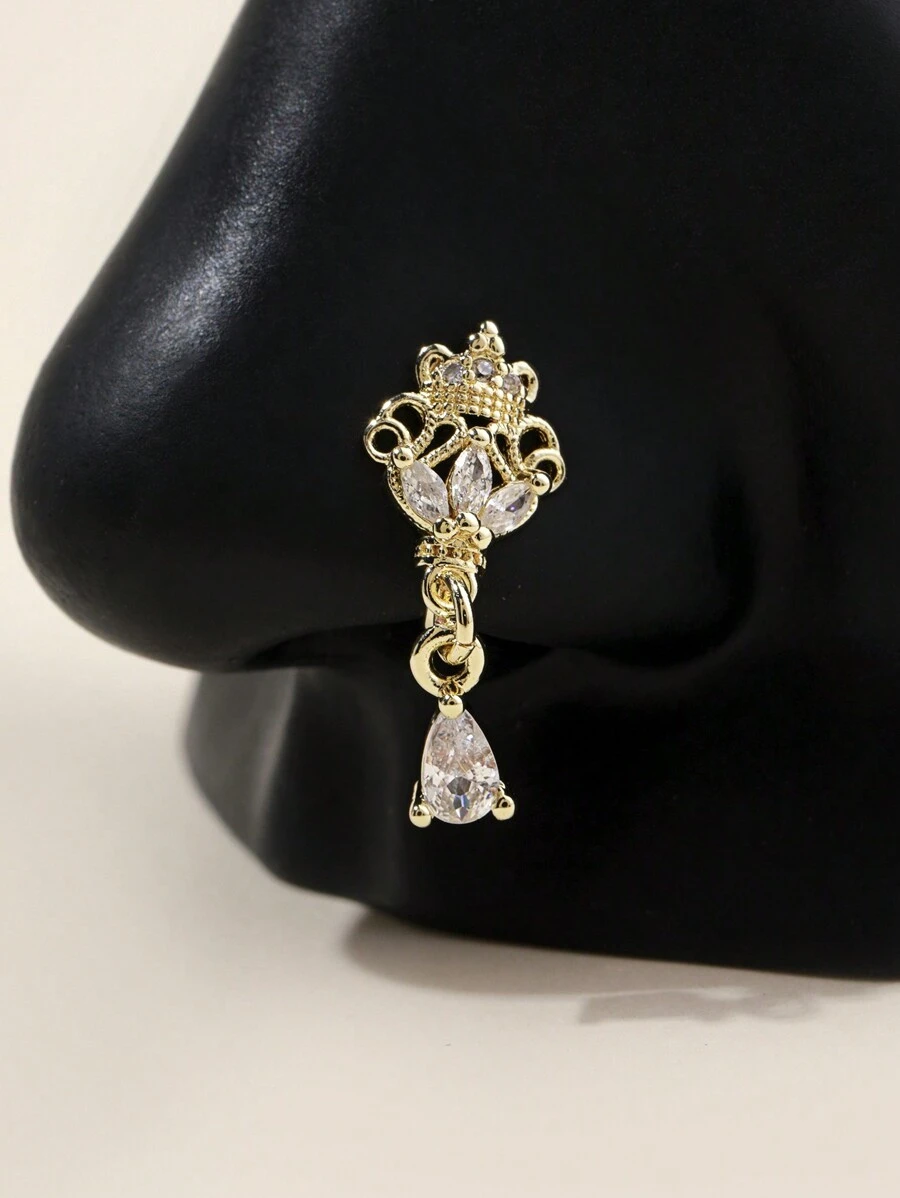 1pc Golden Rhinestone Crown & Teardrop Shaped Clip-On Nose Ring For ...