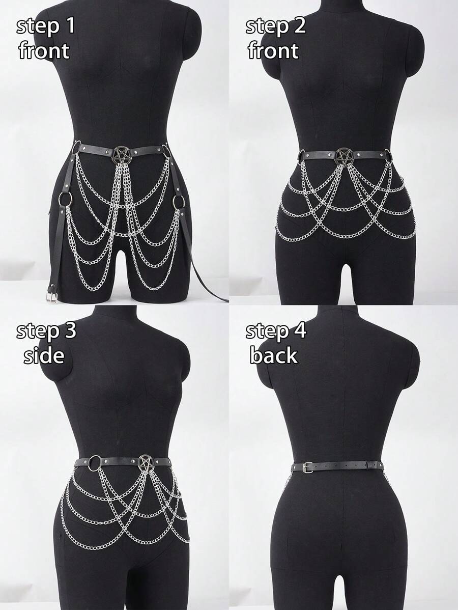 Gothic Pentagram Harness Belt With Chains - Adjustable Leather Waist ...