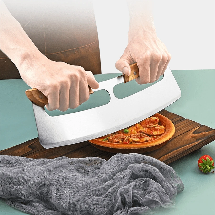 Wooden Handle Half Moon Pizza Cutter With Dual Handles, Stainless Steel ...