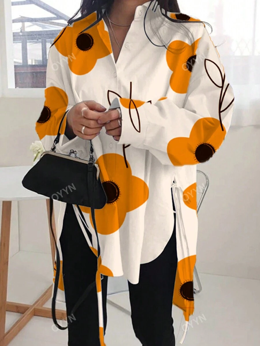 Oversized Printed Tunic Shirt For Women, Fall | SHEIN USA