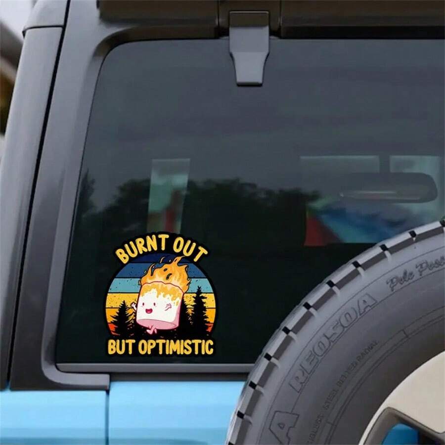 Retro Funny 'Tired But Optimistic' Matte Vinyl Sticker - Waterproof ...