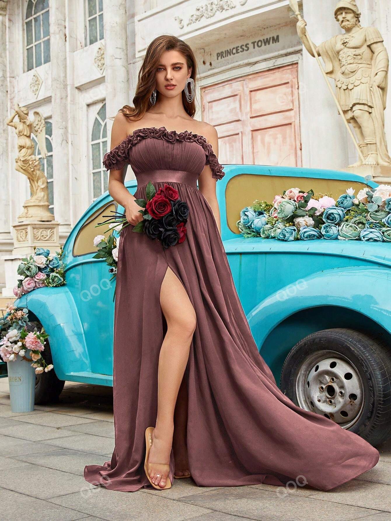 Women's Solid Color 3D Floral Off Shoulder Cinched Waist High Slit ...