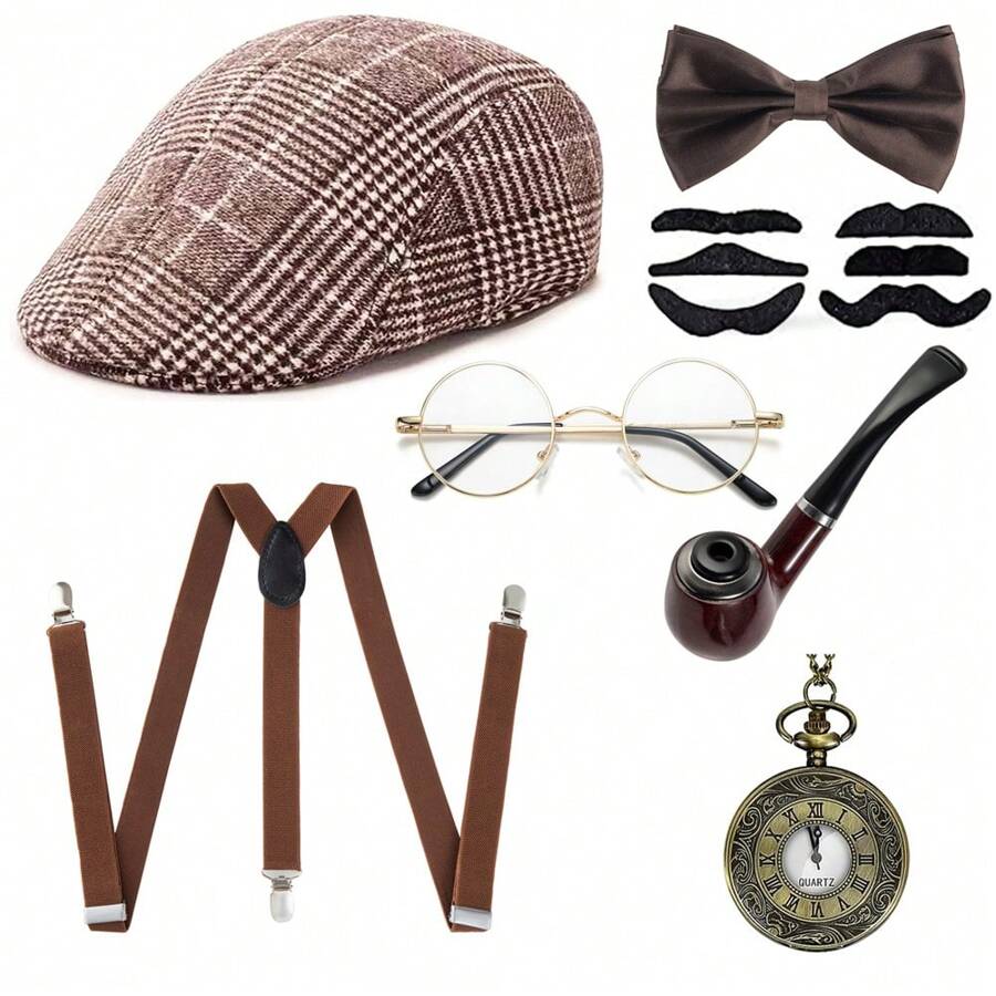 7pcs Men 1920s Accessories Set Great Gatsby Accessories Set Beret Hat ...