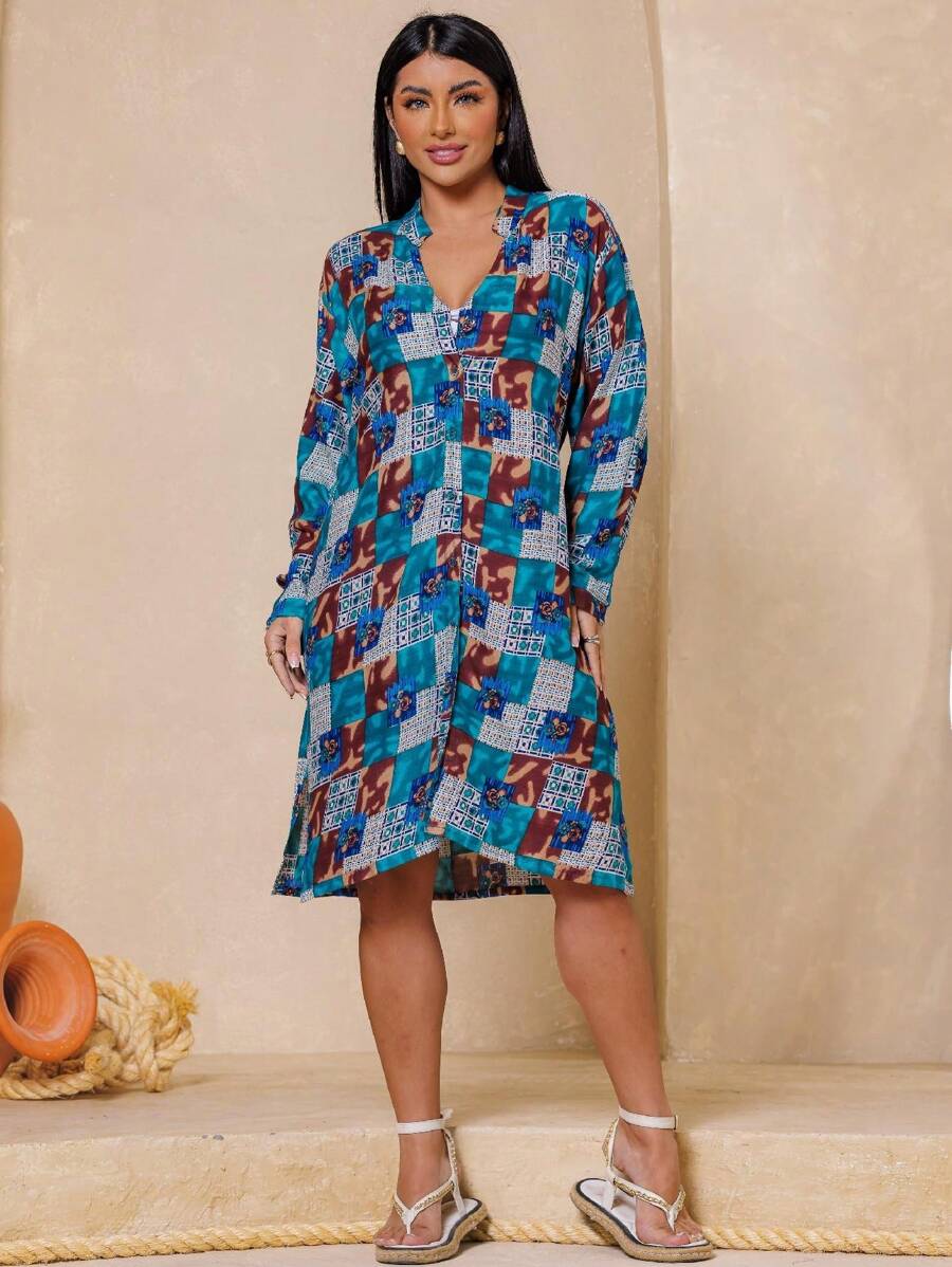 Chemise indiana Estampa De Mangas Longas | SHEIN Brasil