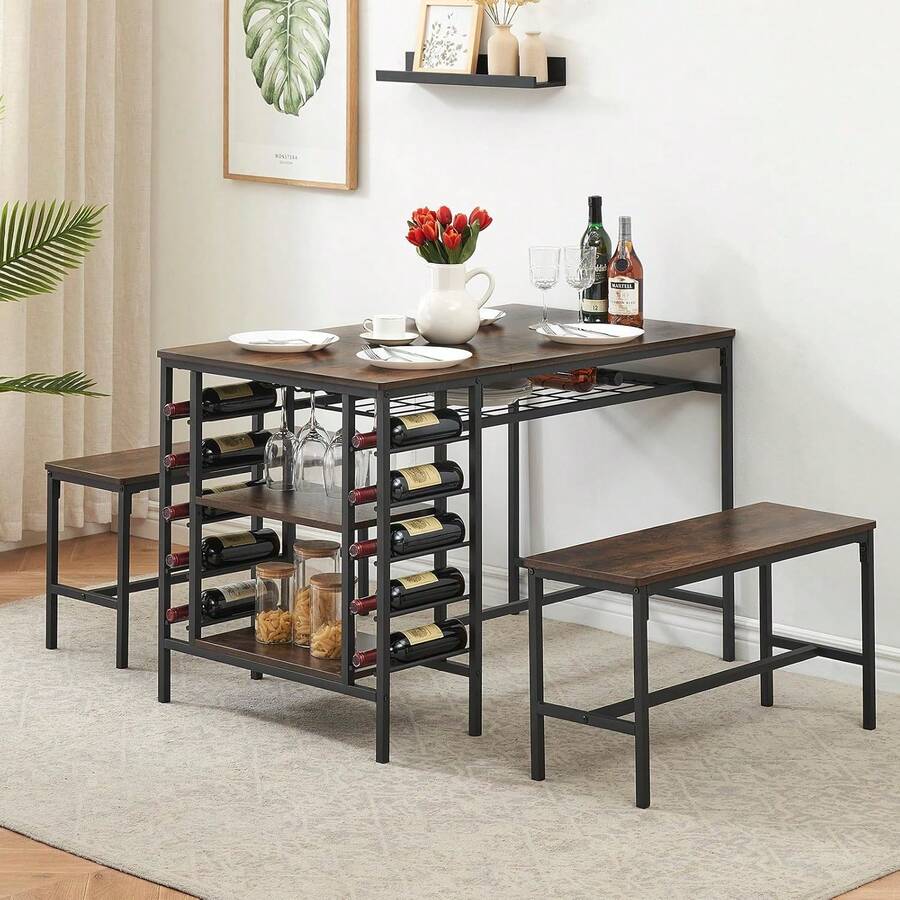 Dining Table Set For 4 With Wine Rack And Glass Holder - Includes ...