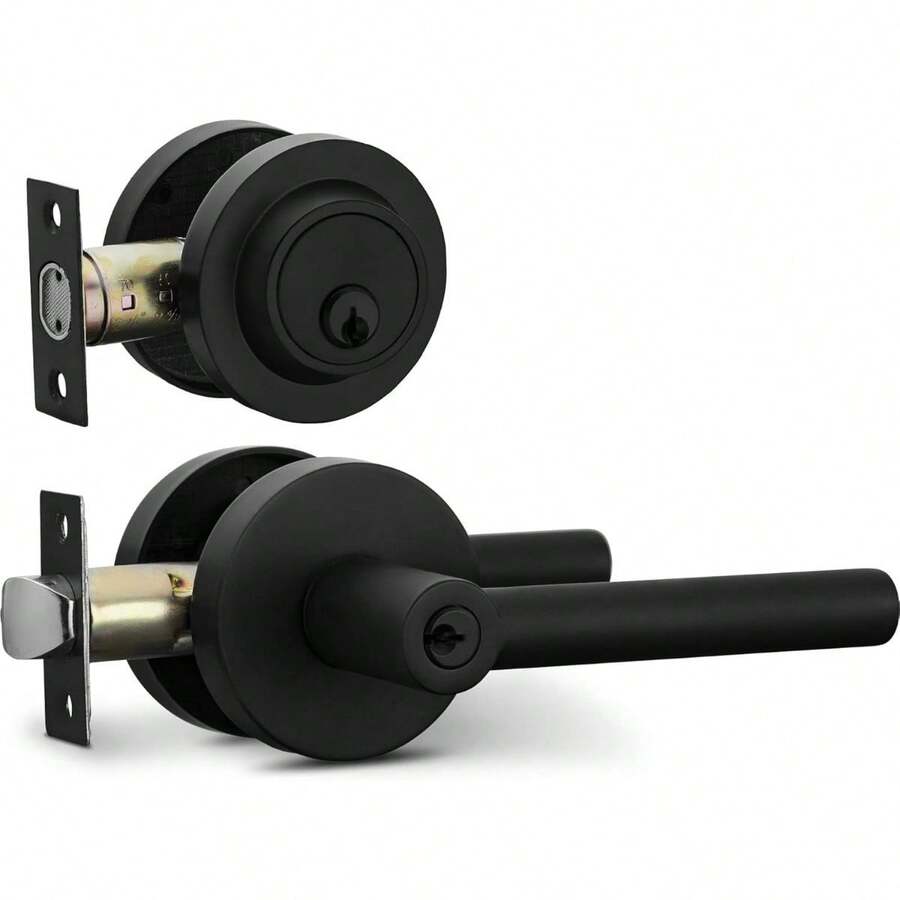 Entry Lever Door Handle And Single Cylinder Deadbolt Lock And Key Sleek ...