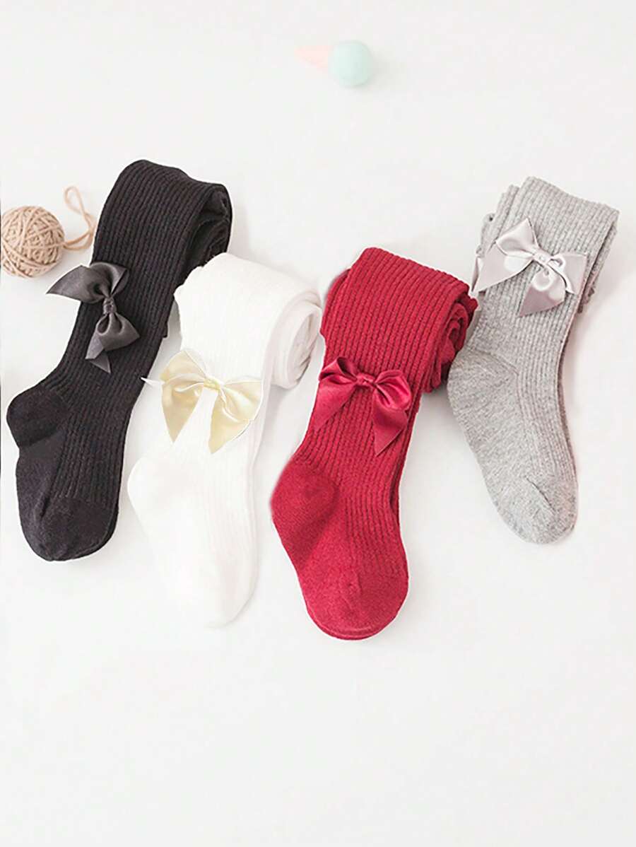 4-Pack Baby Girl Bow-Decorated Pinstripe Tights, Suitable For Primary ...