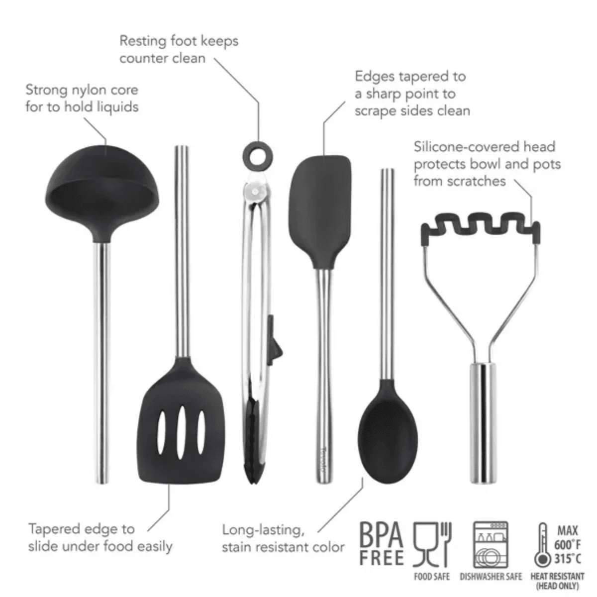 Tovolo 6pc Silicone And Stainless Kitchen Utensil Set Black | SHEIN USA