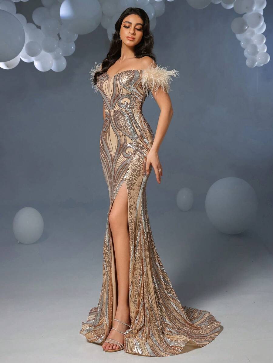 Faeriesty Off Shoulder Mermaid Hem Graphic Sequin Formal Prom Dress Elegant Evening Wedding ...