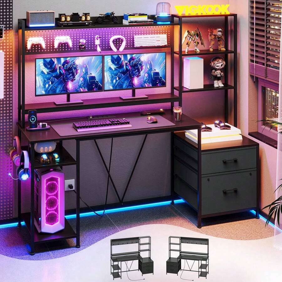 Gaming Desk With Power Outlets, Reversible Computer Desk With LED Light ...