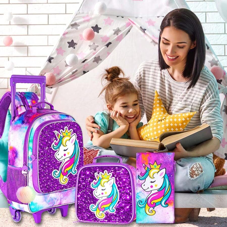 3PCS Rolling Backpack For Girls, Kids Unicorn Roller Bookbag With ...