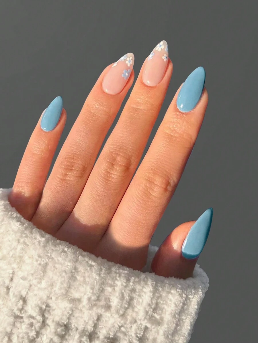 Transform Your Nails With 24pcs Long Almond Blue Solid Floral Print ...