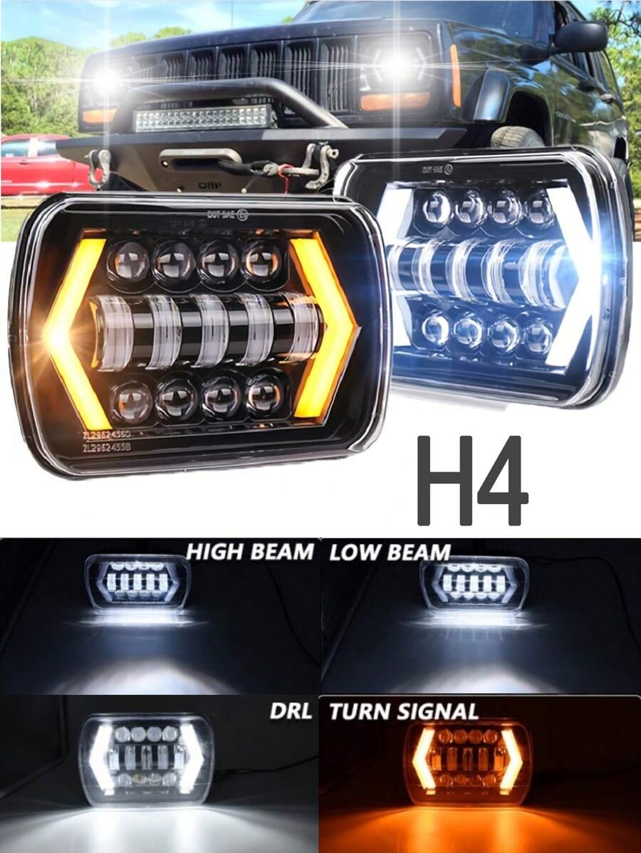 1pc Universal LED Square Car Headlights H4 High And Low Beams 4 ...