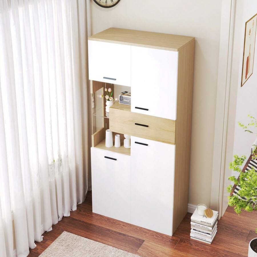 Vitrine moderne haute brillance avec éclairage LED - 150H x 78L x 40P cm - Porte vitrée, étagère ...