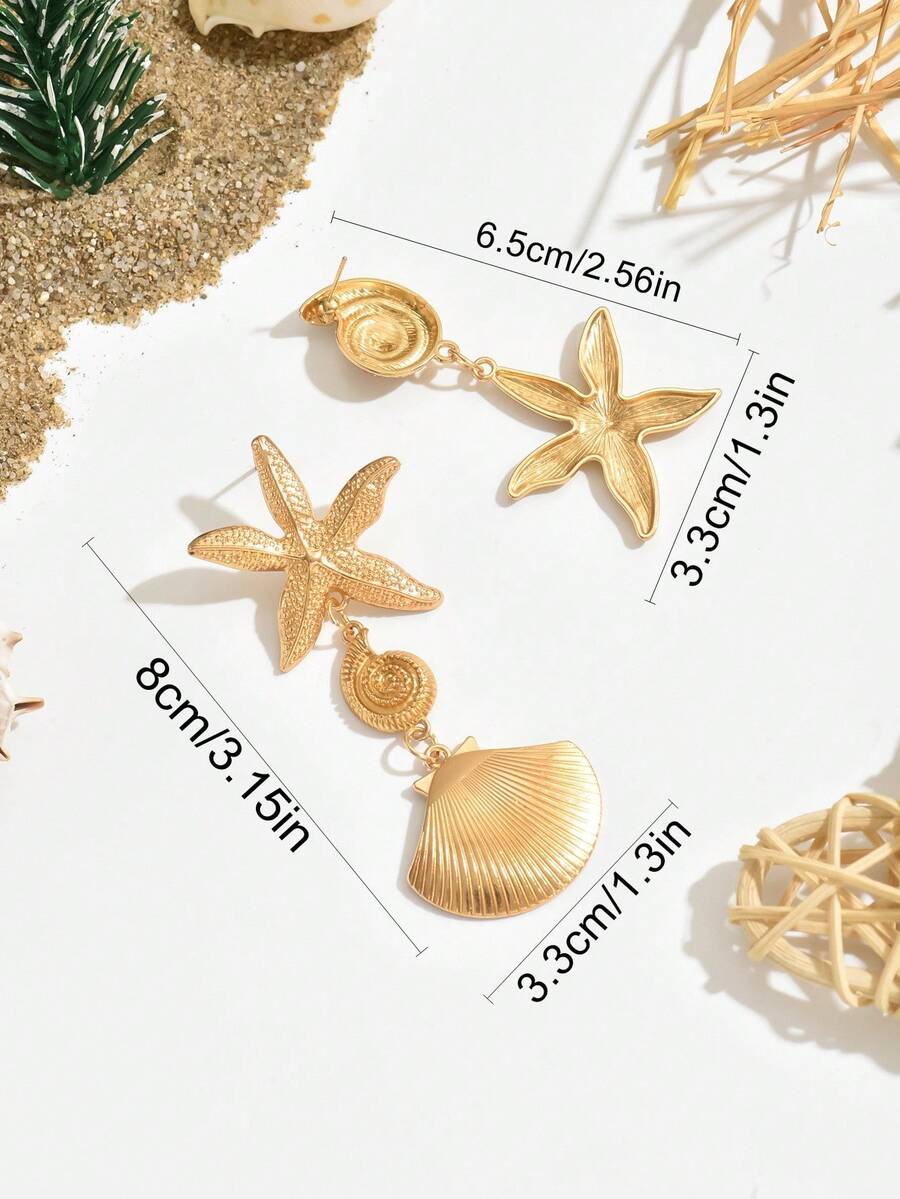 1 Pair Fashionable Multi-Wear Asymmetrical Shell & Starfish Earrings ...