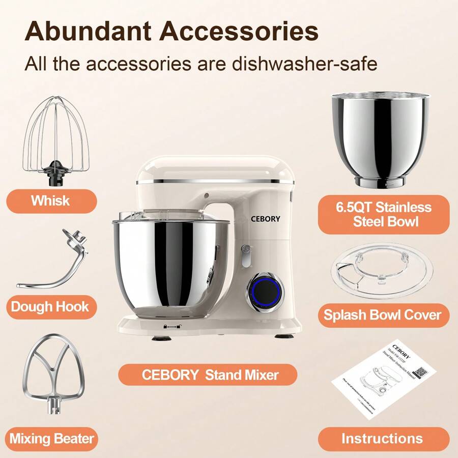 Stand Mixer, 6.5QT 10-Speed 660W Tilt-Head Electric Stand Mixer, 3-In-1 ...