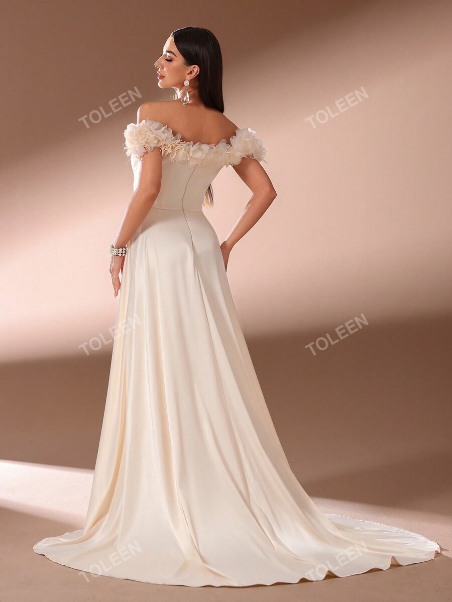 Women Elegant Solid Color 3D Floral Super Long Trailing Strapless Maxi ...