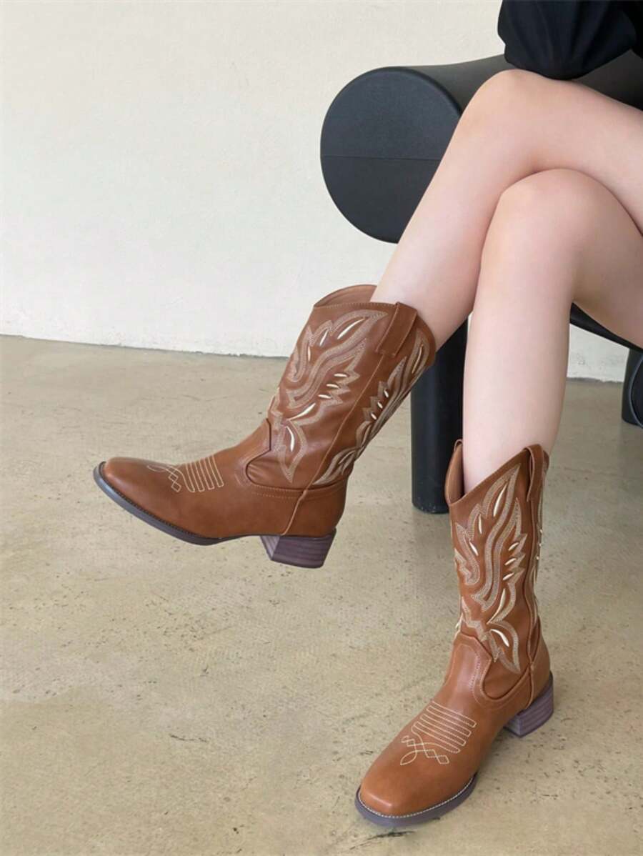 Chunky Heel Soft Leather Western Boots, V-Neck Embroidery Shaft Cowboy ...