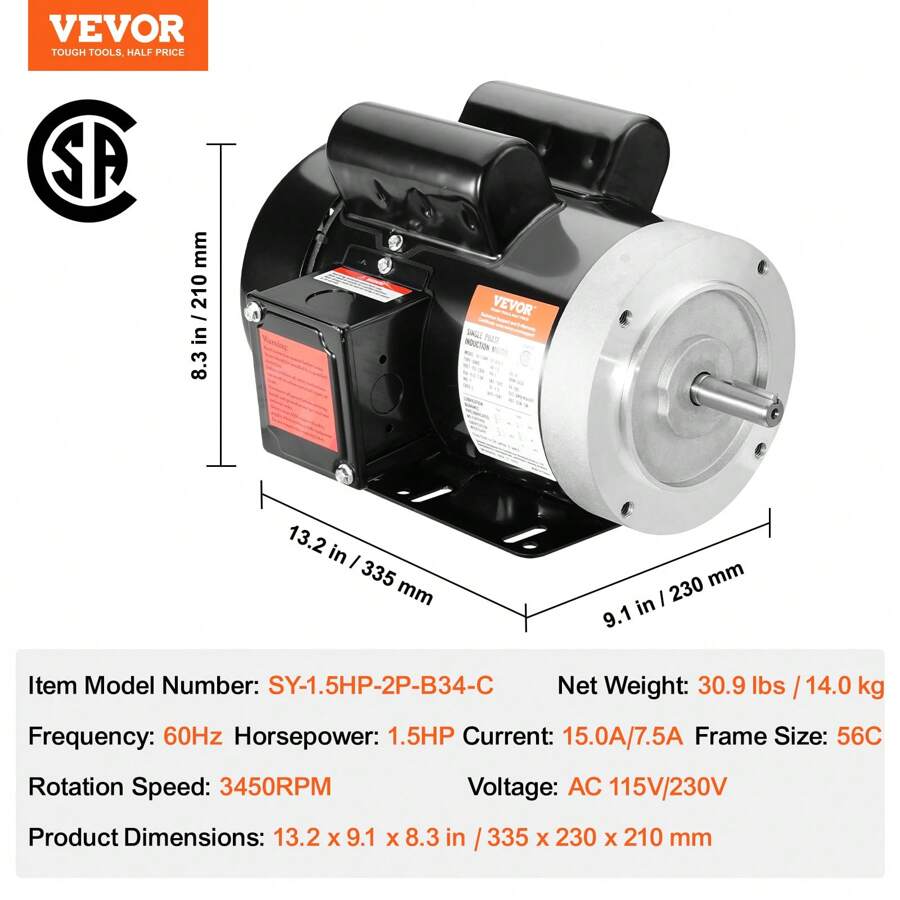 VEVOR VEVOR 1.5HP Electric Motor 3450 Rpm AC 115V230V 56C Frame Air ...