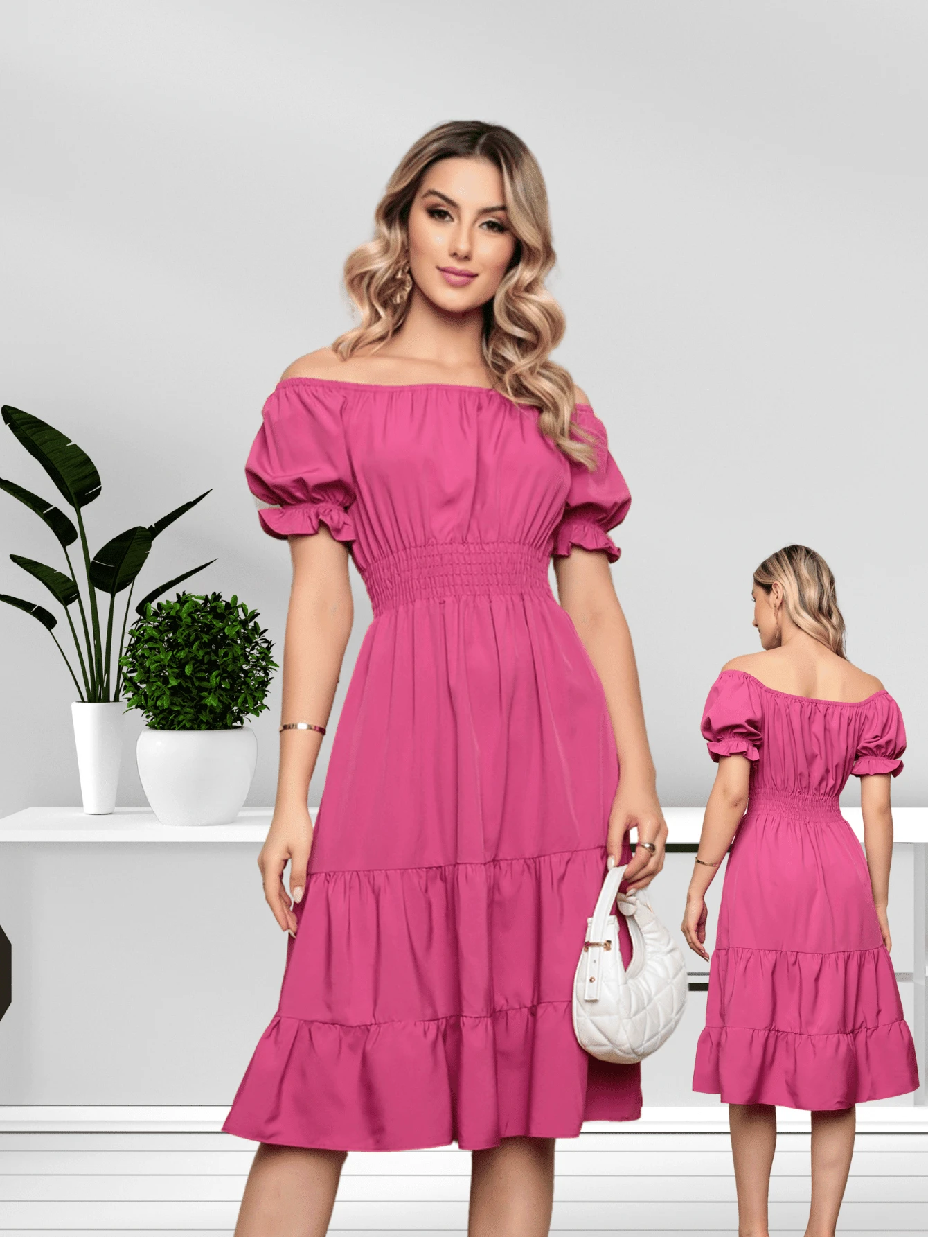 Women's Mid Dress With Lastex At The Waist Princess Sleeves In CREPINHO ...